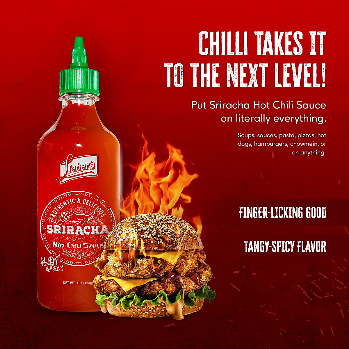 Lieber's Sriracha Hot Chili Sauce, Authentic And Delicious, Non-GMO, No MSG, Gluten-free, Cholesterol-free, and Vegan, NET WT. 1 lb (454g)