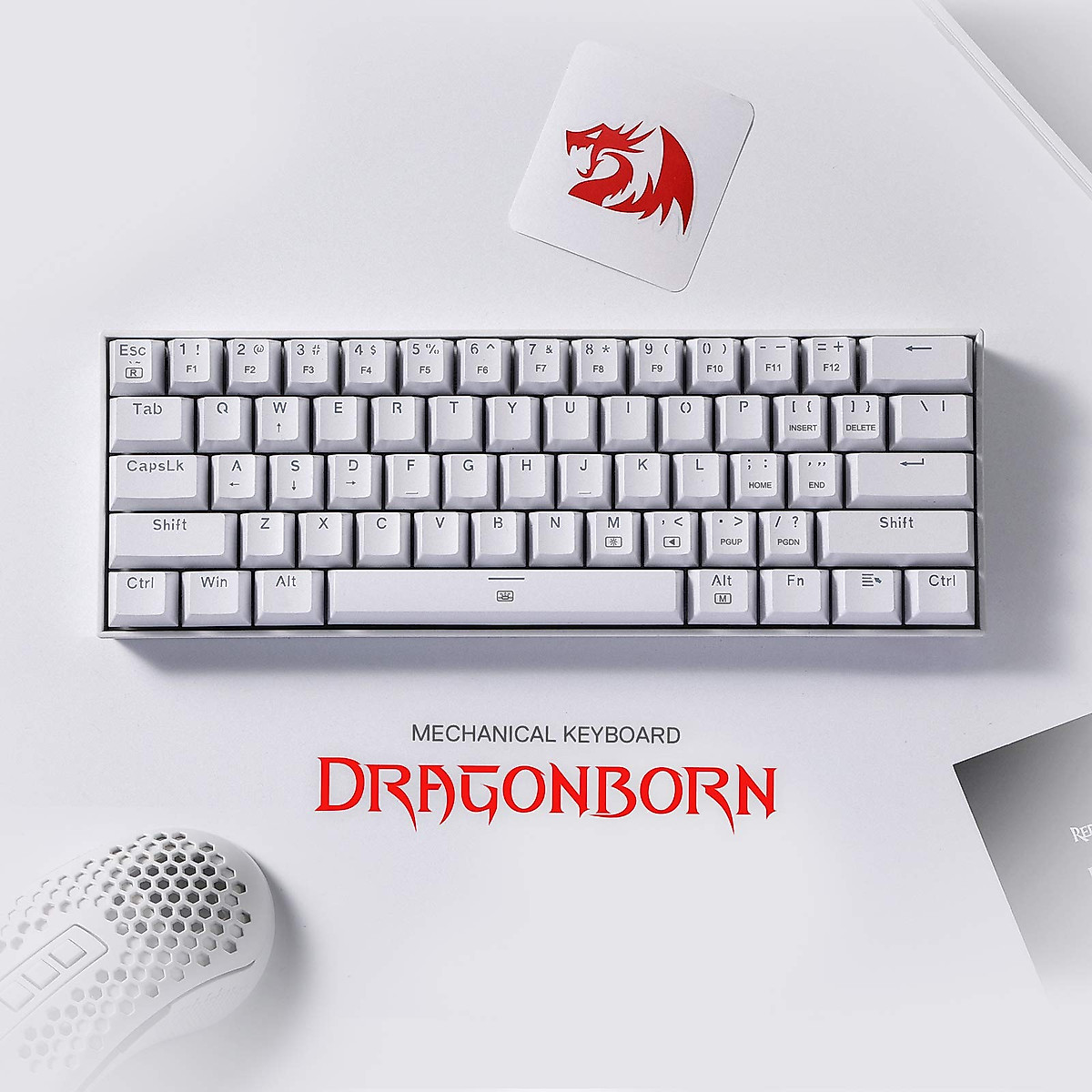 Redragon K630 Dragonborn 60% Wired RGB Gaming Keyboard, 61 Keys Compact Mechanical Keyboard with Linear Red Switch, Pro Driver Support, White