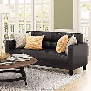 Furinno Brive Contemporary Tufted Faux Leather 3-Seater Sofa Couch for Living Room, Black Faux Leather
