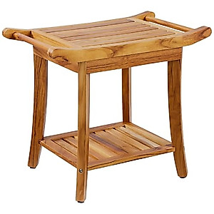 VEVOR Teak Shower Bench with Handles, 22in Waterproof Wood Shower Stool with Storage Shelf Non-Slip Feet, 300 lbs Load Capacity Shower Chair Seat, for Bathroom Indoor and Outdoor Use