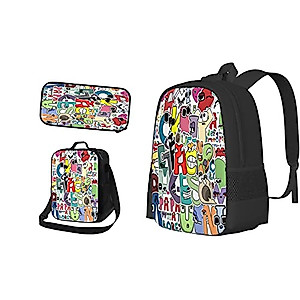FNASFIA Alphabet Lore 3 Piece Backpack Set, Cartoon Alphabet Backpack Pencil Case Lunch Bag Casual Backpack Combo Unisex