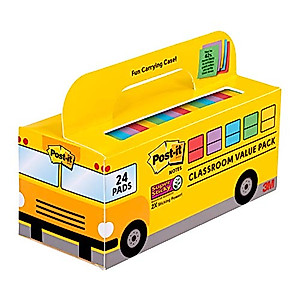 Post-it Super Sticky Notes, Classroom Value Pack, 24 Pads/Pack, 2X The Sticking Power, 3 in. X 3 in, Bright Colors (654-24SSAN-BUS)