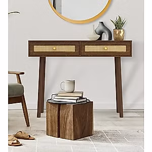 Loft & Luv Remy Boho Mid-Century Console Entryway Table with Natural Rattan with Storage Drawer and Open Shelf, Walnut Finish