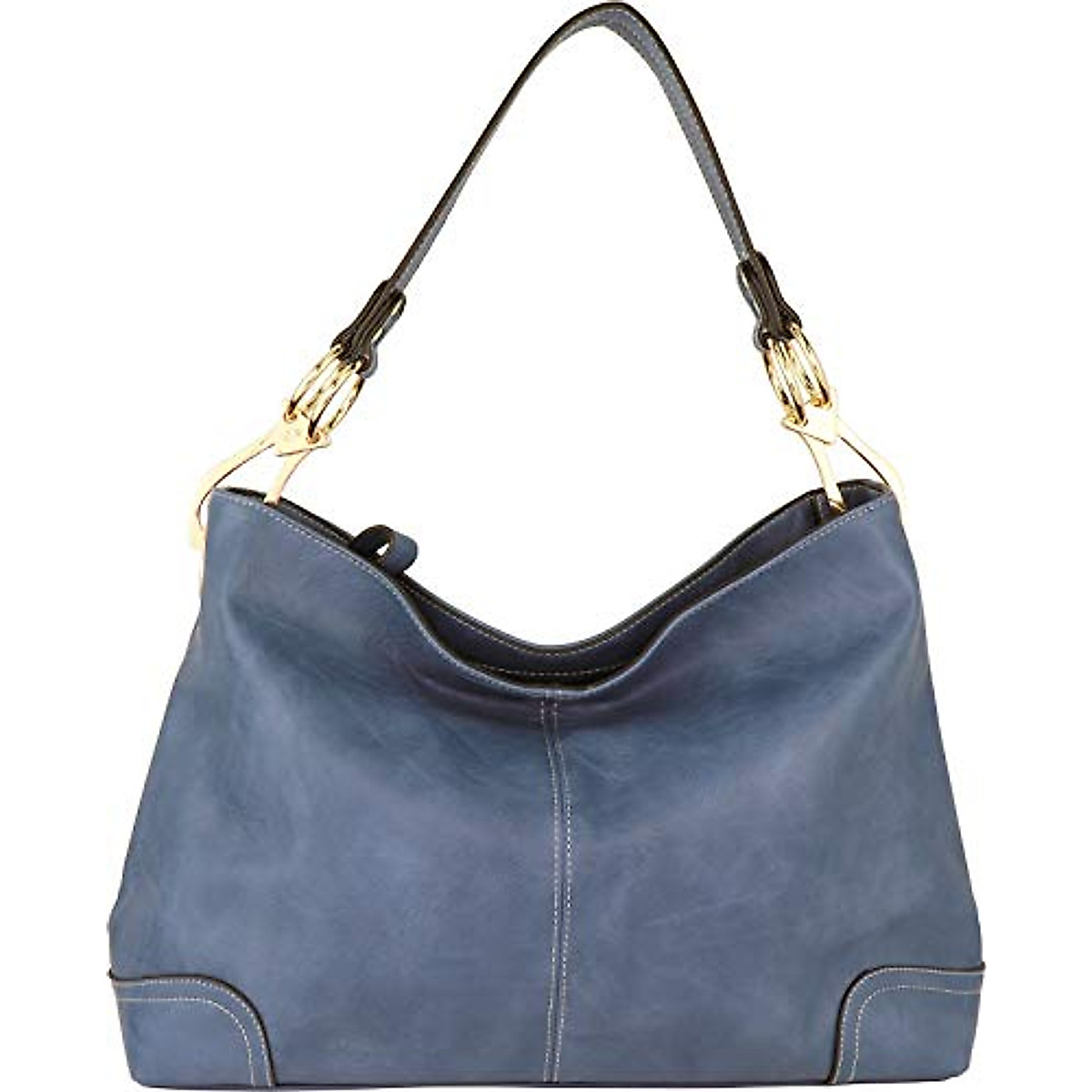 B BRENTANO Vegan Leather Large Hobo Shoulder Bag with Snap Hook Hardware (Denim.)