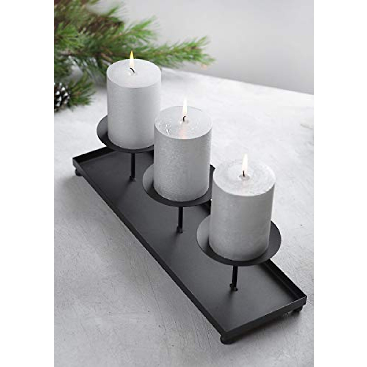 Candles Pillar Holder Tray Black Metal Base for Desk Top Decoration Table or Mantel Centerpiece in Dining & Living Room, Candelabra for Pillar & Sphere Candles, flameless LED (Set of 3)