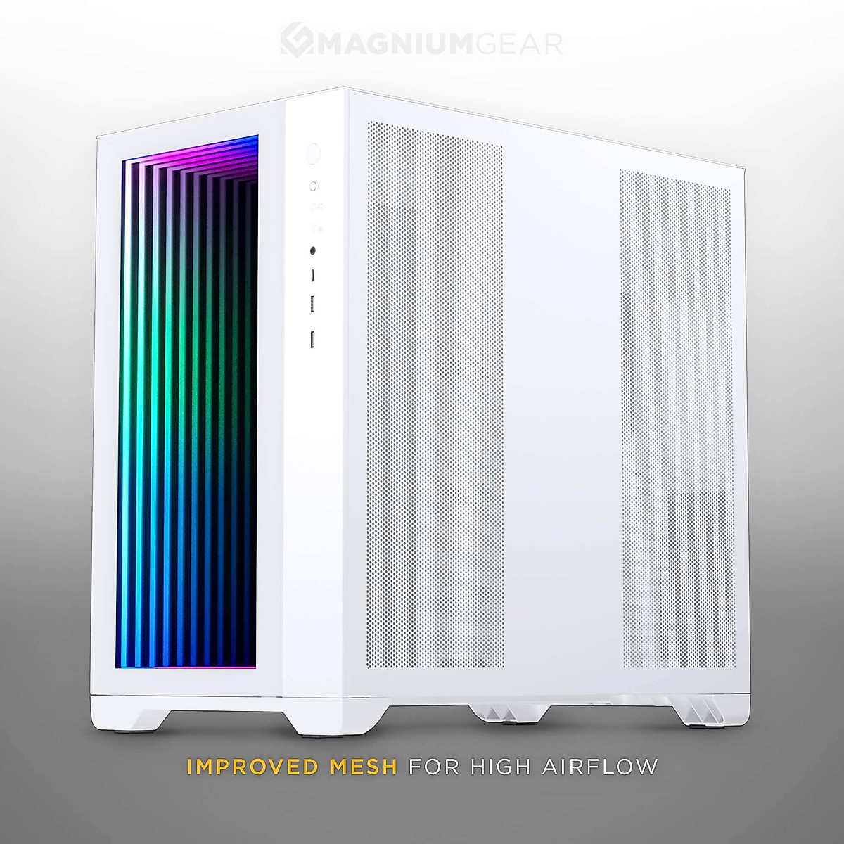 MagniumGear (MG-NE620QI_DWT02) NEO Qube 2 IM, Dual Chamber ATX Mid-Tower, Digital-RGB Infinity Mirror Front Panel, Front I/O USB Type C, Tempered Glass Panels, White