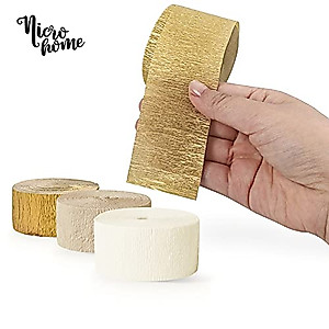 NICROHOME White and Gold Party Decorations, 6 Rolls Ivory White Light Brown Crepe Paper Streamers for New Years Eve Party Supplies 2023, Wedding, Baby Bridal Shower, Birthday, 82Ft Long