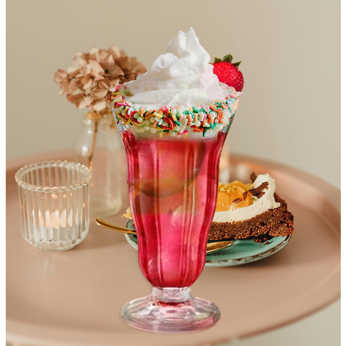 Cheardia 6 Pack Plastic Milkshake Glasses, 13.5 oz Old Fashioned Soda Glass Footed Ice Cream Cups, Clear Pina Colada Fountain Glasses Milkshake Cups for Sundae, Juice, Tropical Drinks, Party