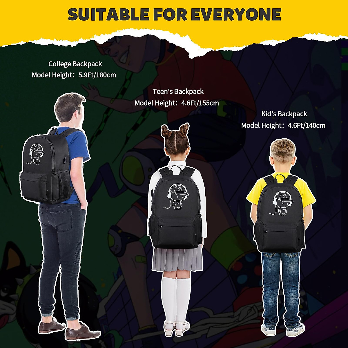 SAMIT Anime Luminous Backpack with USB Charging Port & Anti Theft Lock &Pencil Case Daypack Laptop Backpack