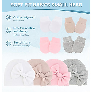 ZURLEFY Baby Girl Hats and Mittens Set for 0-6 Months, Newborn Hospital Hats with Bow for Infant Baby No Scratch Cotton Mittens Set(31-08)