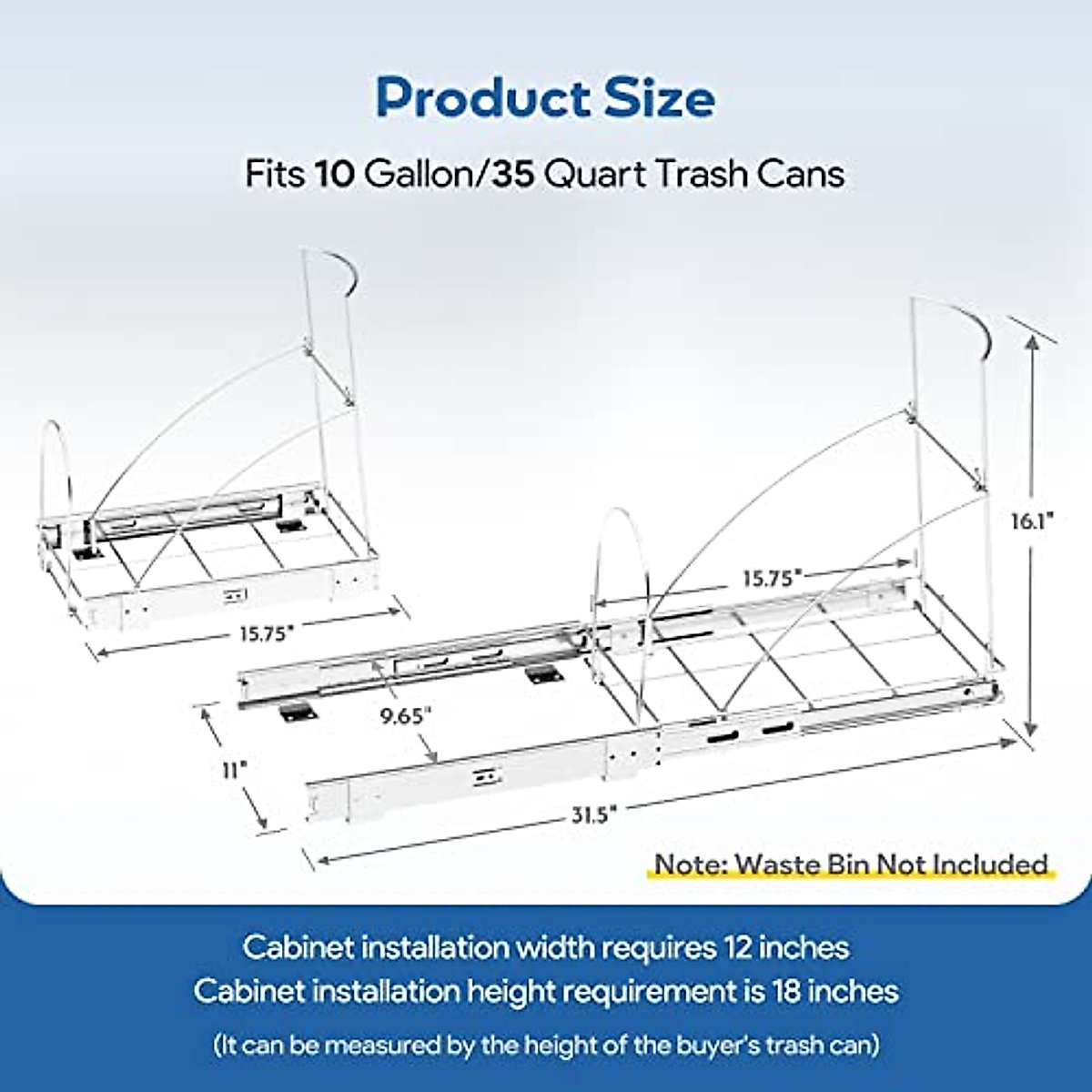 Tanamu Pull Out Trash Can Under Cabinet,Under Sink Heavy Duty Trash can，Roll-Out Sliding Adjustable Rack for Kitchen Trash Can,Chrome (Trash Can Not Included)