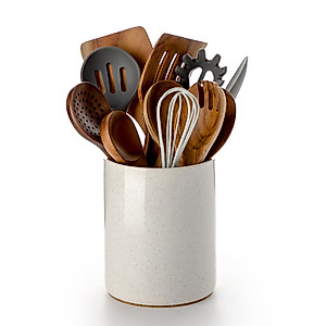 Nucookery Utensil Holder, 6.4" Ceramic Kitchen Utensil Holder for Countertop with Protection Cork Bottom, Vintage Farmhouse Kitchen Decor for Counter (Sand)