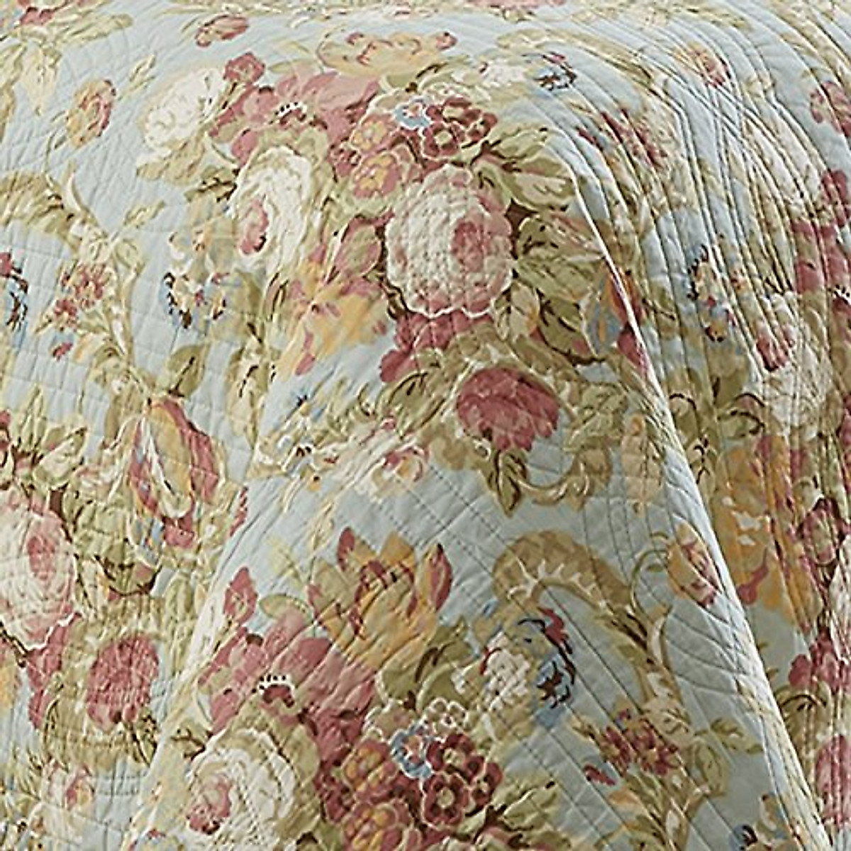 Waverly Spring Bling Modern Farmhouse Floral 3-Piece Reversible Quilt Bedding Bed Spread Set, Queen, Vapor & Spring Bling Valances for Windows Rod Pocket Curtains, 52" x 18", Vapor