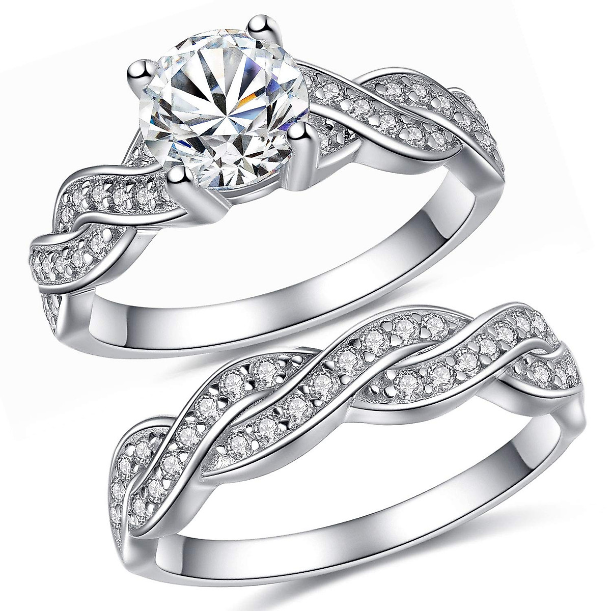 MABELLA His Hers 3 pcs Men's Stainless Steel Band & Women Infinity 925 Sterling Silver Wedding Engagement Ring Set Women's Size 8 Men's Size 10