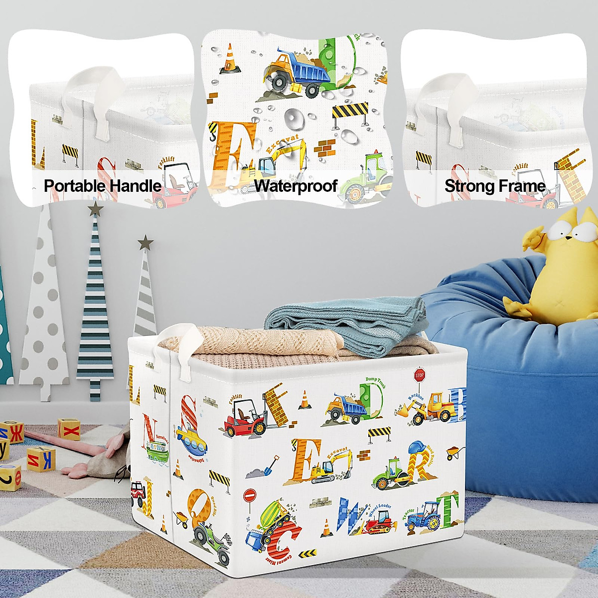 Clastyle Large Alphabet Construction Car Book Shelf Basket Collapsible Rectangle Excavator Ambulance Monster Truck Boy Bin Clothes Toy Car Storage Basket for Kids Room Nursery