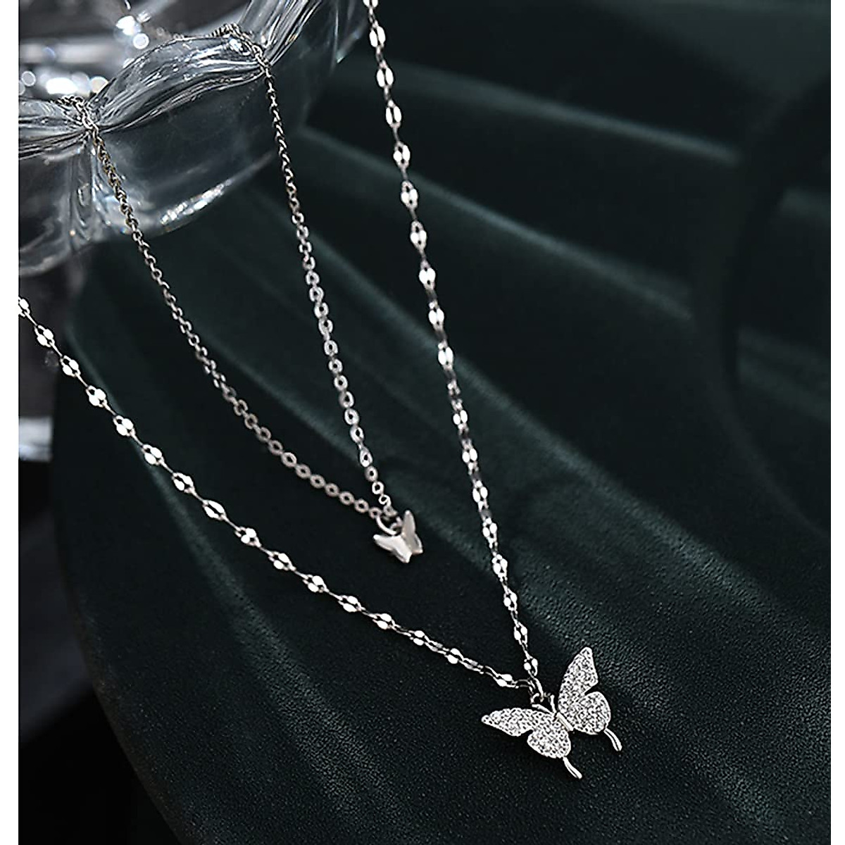 SLUYNZ 925 Sterling Silver CZ Butterfly Choker Necklace for Women Butterfly Layered Necklace Chain (A-Silver)