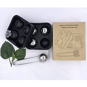 Stainless Steel Whiskey Stones, Beverage chilling Rocks, Reusable stainless steel ice balls with Sphere Ice ball tray. Total set of 7