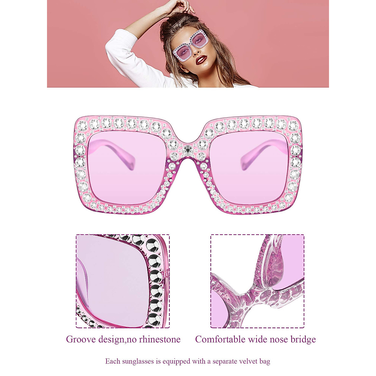 Frienda 6 Pieces Oversize Square Sparkling Sunglasses Retro Thick Frame Sunglasses (Light Purple, Light Gray, Clear Pink, Clear Tawny, Light Yellow, Pink)