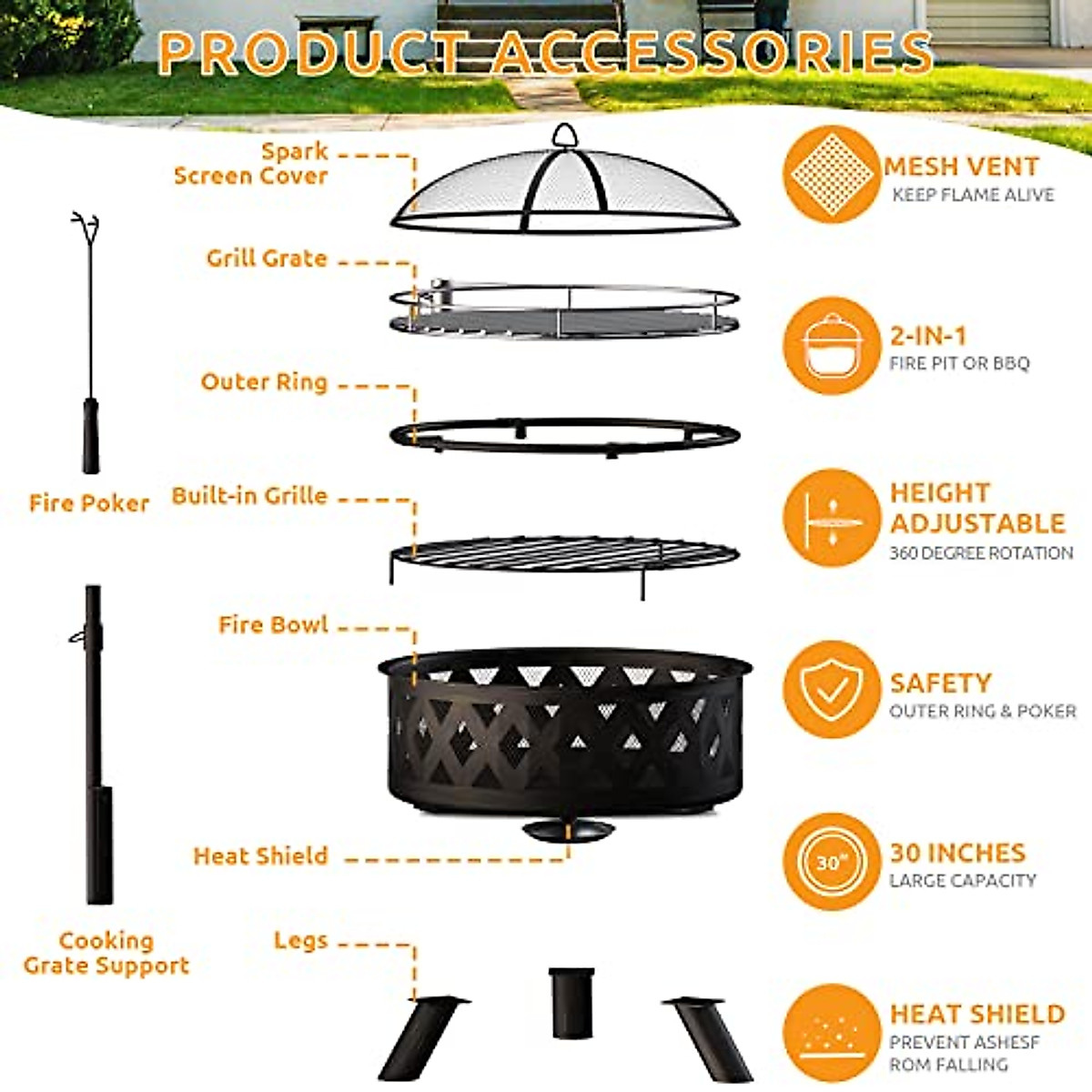 Amopatio Fire Pit for Outside, 30 Inch Large Outdoor Wood Burning Fire Pits, Patio Backyard Firepit with Steel BBQ Grill Cooking Grate, Spark Screen & Poker for Garden, Bonfire, Camping, Picnic