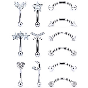 Vsnnsns 16G Rook Daith Piercing Jewelry Stainless Steel 8mm Curved Barbell Eyebrow Rings Cartilage Helix Tragus Belly Lip Rings CZ Piercing Jewelry Daith Rook Earrings for Women Men 12pcs Silve
