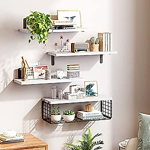 Fixwal 4+1 Tier Floating Shelves, Rustic Wood Wall Mounted Shelf, Bathroom Shelves Over Toilet with Wire Storage Basket, Farmhouse Wall Decor for Bedroom, Kitchen, Living Room and Plants (White)