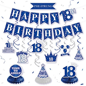 Vicycaty PRE-STRUNG 18th Birthday Decorations for Men, Happy 18th Birthday Banner Hanging Swirls Honeycomb Centerpieces Tabletop Blue, 18 Years Old Birthday Party Photo Booth Backdrop Decor Supplies