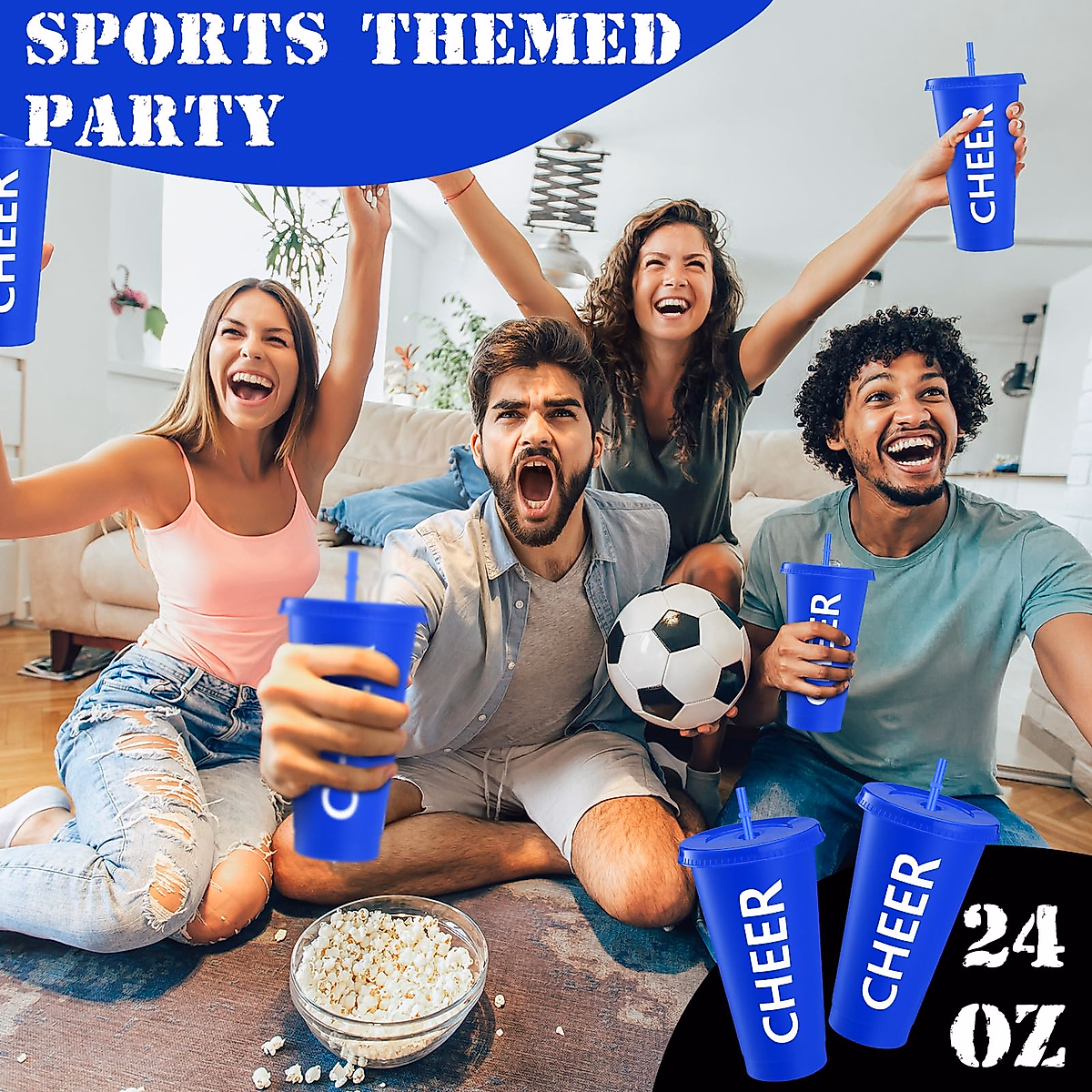 Layhit Cheer Teams Gifts Cheer Tumbler Cups Bulk 24 oz Reusable Cheer Plastic Tumbler with Straw and Lid Cheer Water Bottles for Team(Blue,12 Sets)