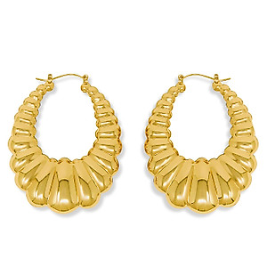 Pnk Trend Gold Plated Scalloped Hoop Earrings for Women-Oval Shaped Shrimp Puffy Hollow Hoop Door Knocker Pin-catch Earrings 50 mm/ 2 inch with Jewelry Box