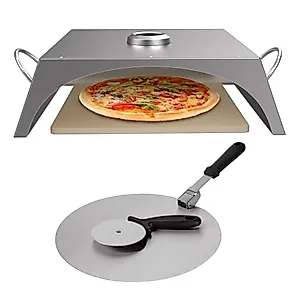 Outdoor Stainless Steel Grill Top Pizza Oven Kit with 12" Cordierite Pizza Baking Stone, Pizza Peel, Pizza Roller Cutter, Built-in Thermometer