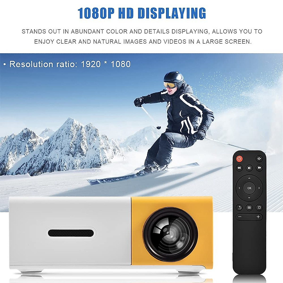 Mini Home Theater Projector,ASHATA Portable Stylish LED Projector with 1080P HD,HDMI Multimedia Player Video Projector With Clear Stereo Sound Effect (White Yellow)