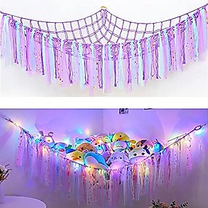 FYANER Stuffed Animal Net Stuffed Animal Storage Hammock with LED lights Colorful Tassels Hammock Hanging Stuffed Toy Storage Organizer Holder for Nursery Play Room Kids Bedroom