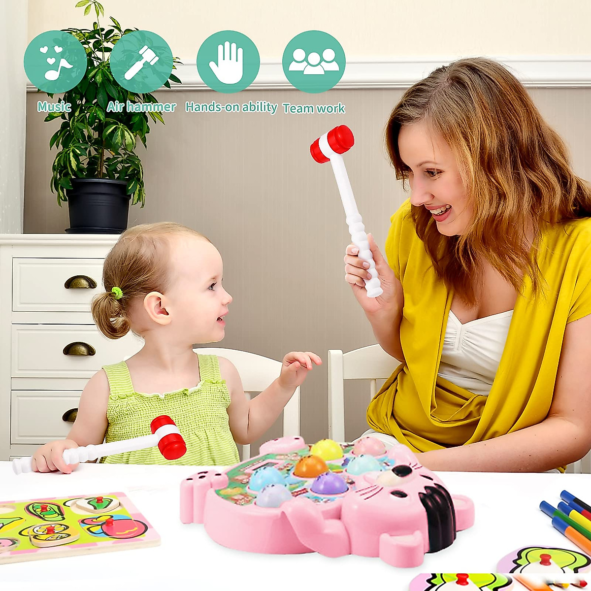 XDR Whack A Mole Game for Toddlers, Interactive Whack a Mole Pounding Toy, Fun Activities for Toddlers Games Age 3, 4, 5, 6,7 Early Development Learning, with Music, Lights, 2 Soft Hammers