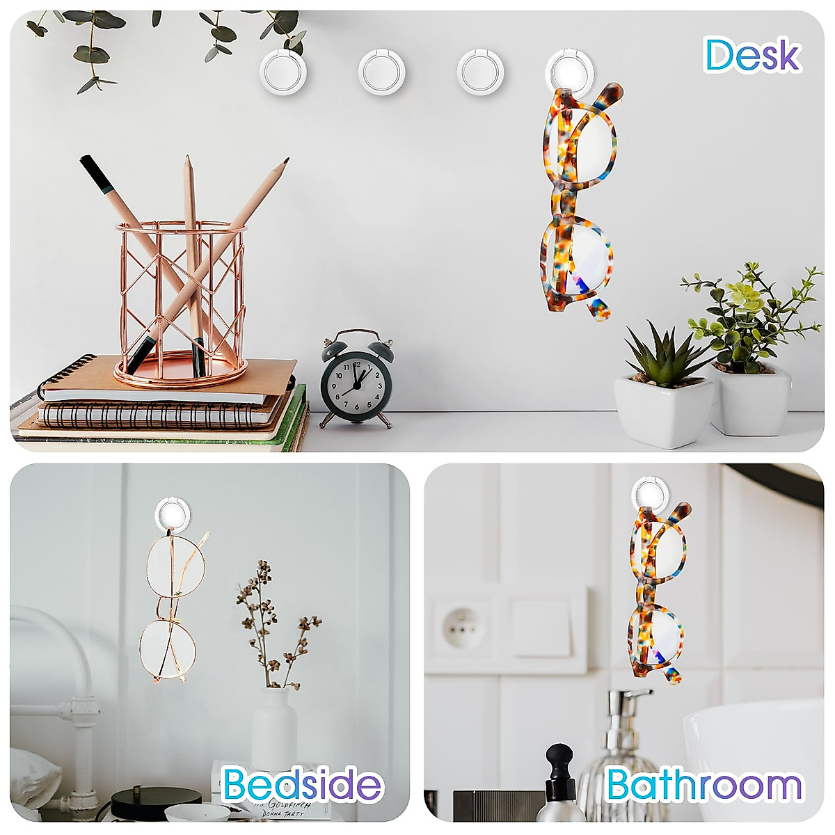 Hariendny 8 Pack Sunglasses Organizer Wall Mounted Sunglasses Holder Wall Hanging Glasses Organizer Eyeglass Holder (White)