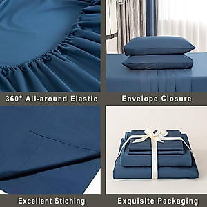 MEISHANG Cotton Sheets Full Size - 100% Cotton 600 Thread Count Sheets, Soft Breathable Cooling Sateen Egyptian Cotton Bed Sheets with Deep Pocket, 4 Pieces Set Navy