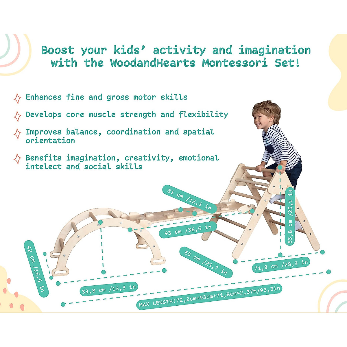 Woodandhearts 3 in 1 Pikler Triangle Set, Montessori Baby Climbing Set - Pikler Triangle Gym - Toddler Jungle Gym - Climbing Toys for Toddlers 1-3 Inside