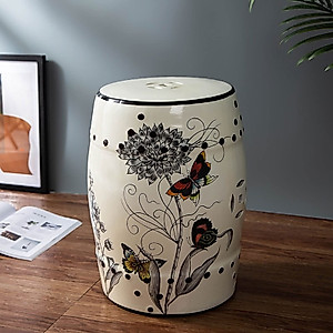 ANNESA Outdoor Butterfly Flower Ceramic Drum Stool, Garden Decoration Stool, Household Stool, Portable Table, Living Room Decoration, Used in Various Indoor and Outdoor Occasions