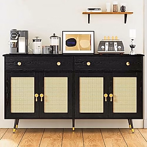 Buffet Cabinet with Storage, 55” Black Kitchen Cabinet with 4 Handmade Natural Rattan Doors, Black Sideboard Storage Cabinet with 2 Drawers for Dining Living Room
