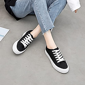 Women's White Platform Sneakers Black Platform Tennis Shoes Casual Lace up Fashion Sneakers Canvas Walking Flat Shoes (Black,US8)