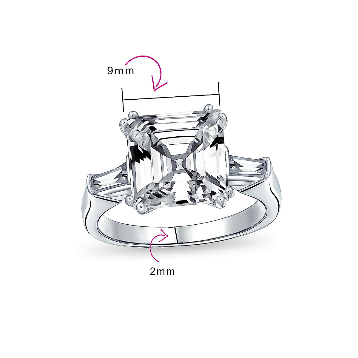 Bling Jewelry Personalize Traditional Classic 5CT AAA CZ Side Stones Baguette Solitaire Square Asscher Cut Statement Engagement Ring For Women Thin Band .925 Sterling Silver Customizable