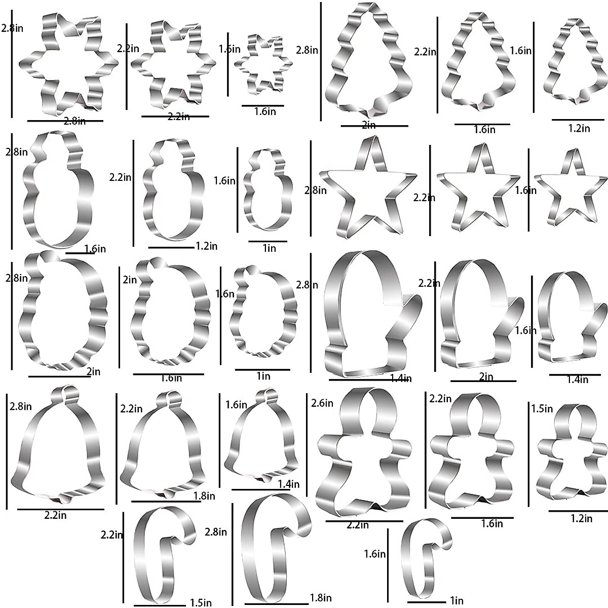 Christmas Cookie Cutters Set - Snowman, Christmas tree, Santa, Snowflakes, Bells, Cane, Gingerbread man, Gloves, Stars & More Shapes Stainless Steel (27Pcs)