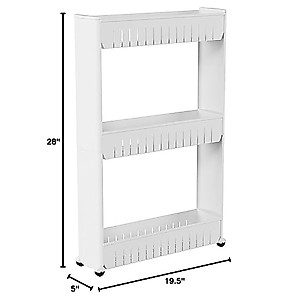 Lavish Store 3-Tier Rolling Cart – Narrow-Space Kitchen or Bathroom Slim Slide Shelves – Organization and Storage Furniture by Lavish Home, (L) 19.5” x (W) 5” x (H) 28”, White