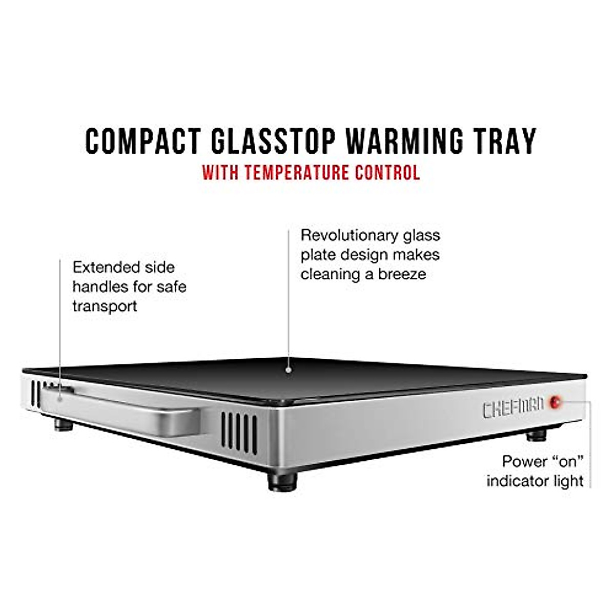 Chefman Compact Glasstop Warming Tray with Adjustable Temperature Control Perfect for Buffets, Restaurants, Parties, Events, Home Dinners and Travel, Mini 15x12 Inch Surface, Keeps Food Hot, Black