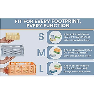 Plastic Crates for Storage Stackable – Set of 4 Collapsible Crates for Groceries, Books, Toys, Clothes, Makeup & More – Sleek Folding Pastel Crates for Organizing – Medium, 5.9" x 10" x 1.02"