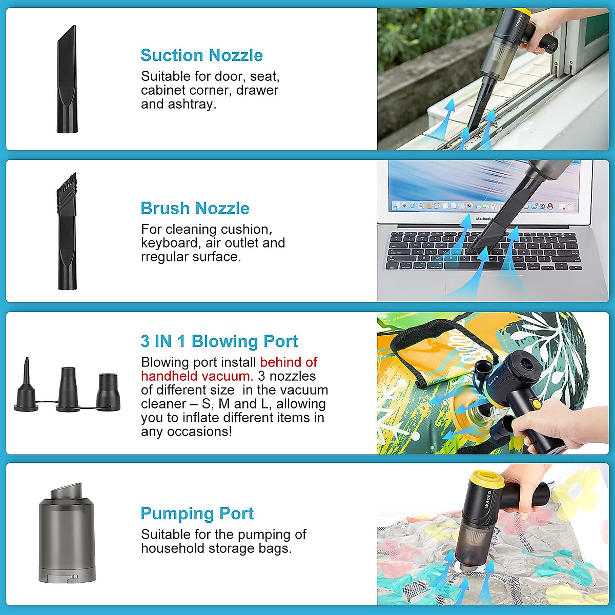 WADEO Handheld Vacuum Cordless, Car Vacuum Cordless Rechargeable 9000Pa, Hand Held Vacuum, Mini Vacuum with Blower, Portable Car Vacuum with LED Light, Wireless Vacuum Cleaner for Home Pet & Office