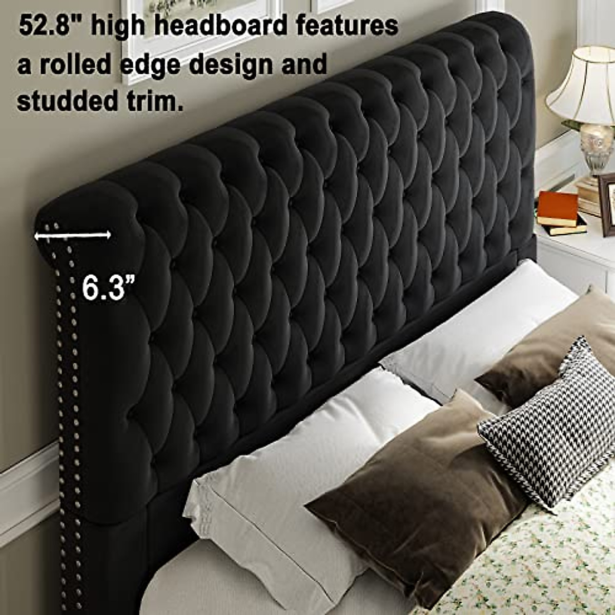 PaPaJet Bed Frame King Size Velvet Upholstered Sleigh Bed Platform with Deep Button Tufted Rolled Edge Headboard, Wood Slats Support/No Box Spring Needed/Black