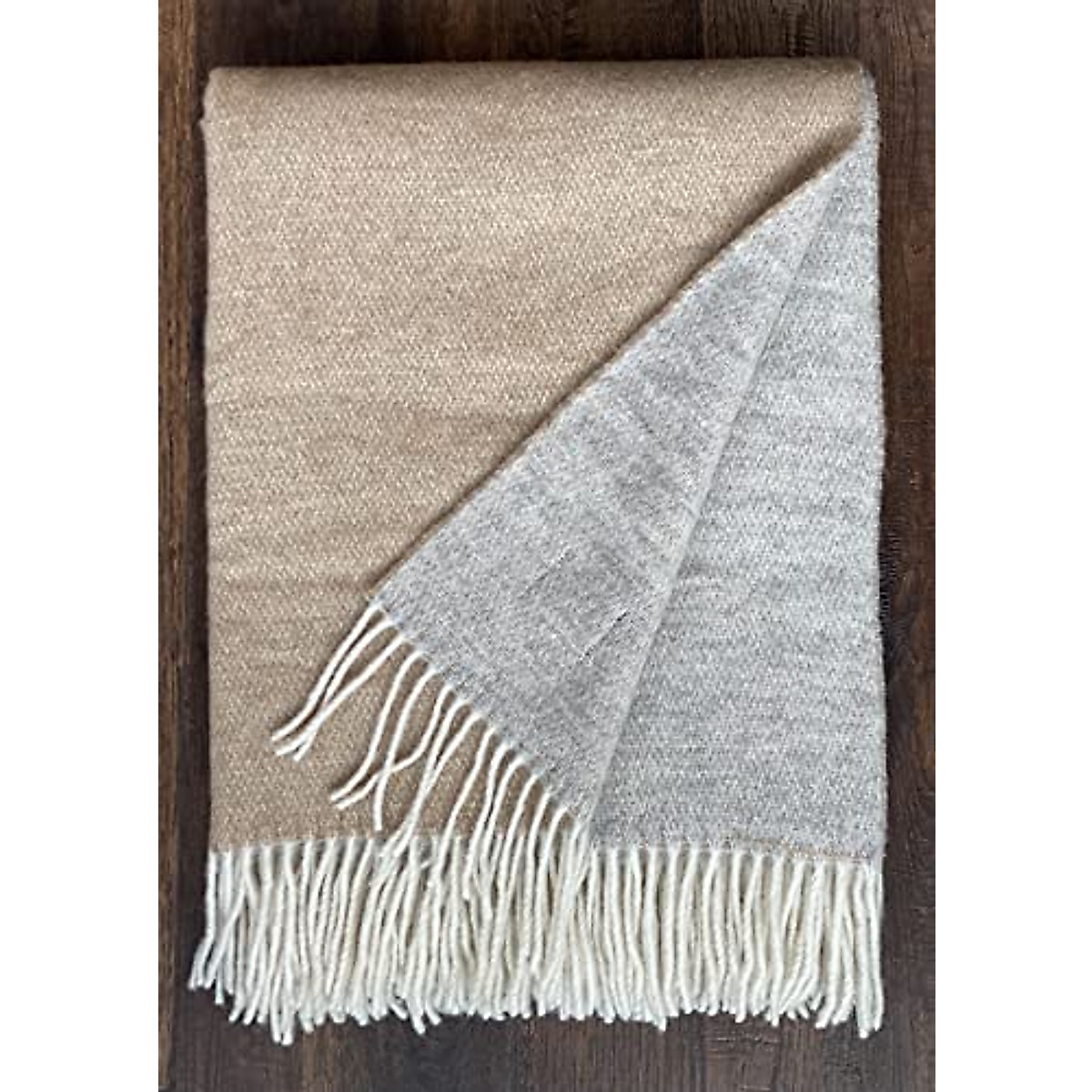 Eikei Wool Throw Blanket Double Sided Oversized Couch Throw Blanket Fringe Trim Soft Merino Woolen Afghan Minimalist Style Lightweight Machine Washable Solid Reversible (Camel, 55Wx78L)
