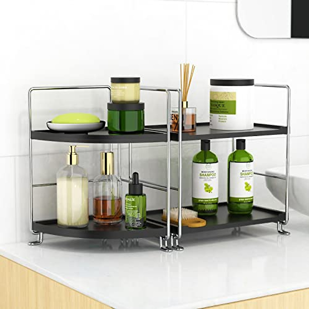 JANUS LiANG 2-Tier Bathroom Organizer Countertop Corner - Makeup Organizer Cosmetic perfume Holder Bedroom Storage Shelf or Kitchen Spice Rack (Chrome + Black)