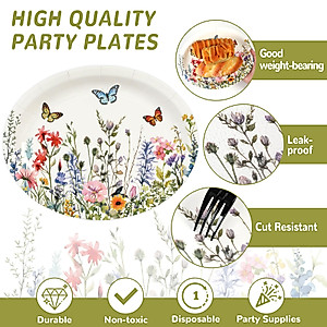50Pcs Wildflowers Oval Plates Floral Butterfly Paper Plates 9.4*11.6inch Large Disposable Platter for Easter Spring Summer Flowers Blossom Bridal Baby Shower Wedding Birthday Party Supply Decor