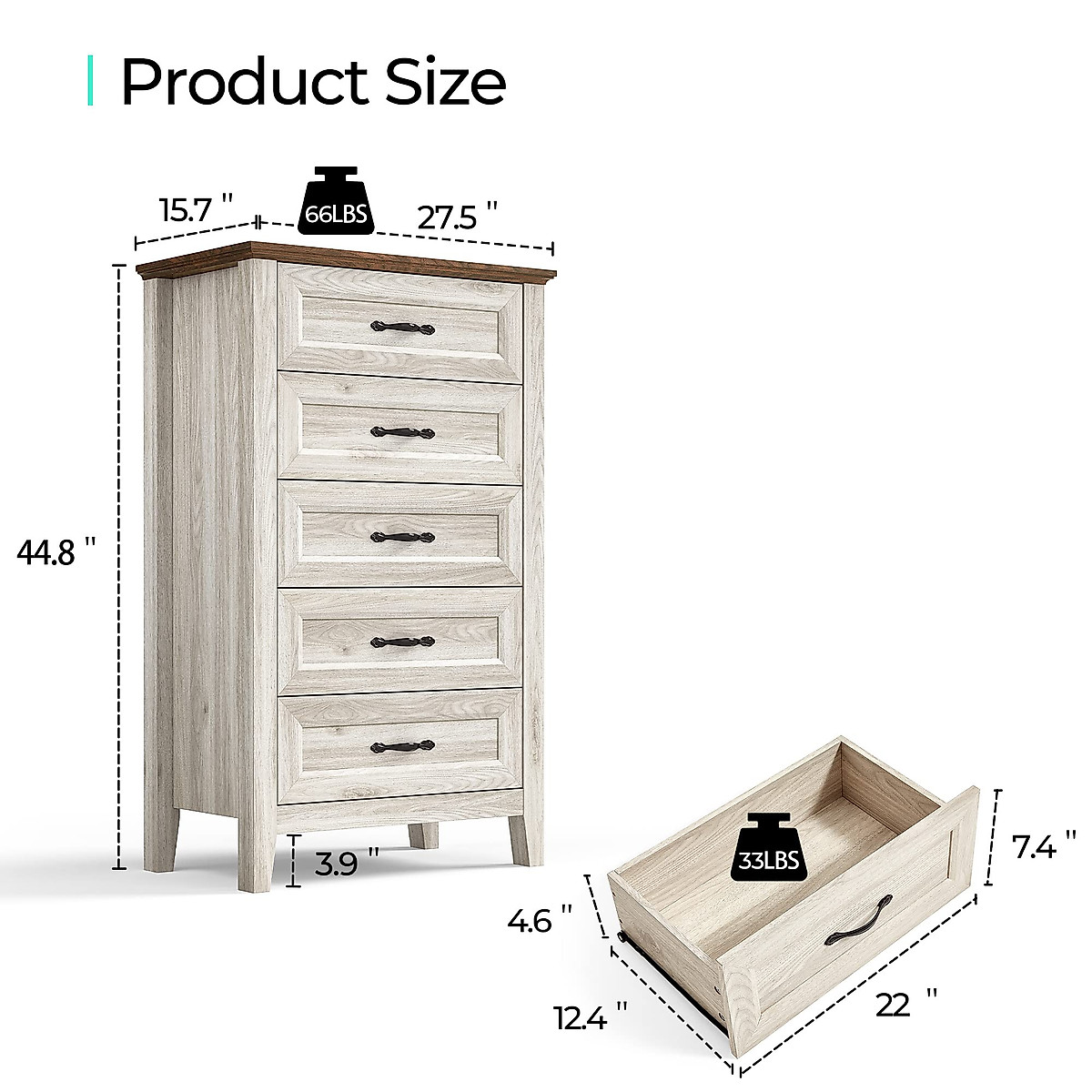 LINSY HOME Beige Dresser for Bedroom, 5 Drawer Dresser with Metal Handles, Chest of Drawers, Tall Dresser for Living Room, Entryway, and Closet