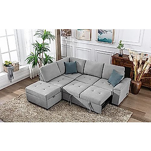Merax, L-Shape Corner Couch Sofa-Bed with Storage Ottoman & Hidden Arm Storage & USB Charge for Living Room Apartment, Light Gray